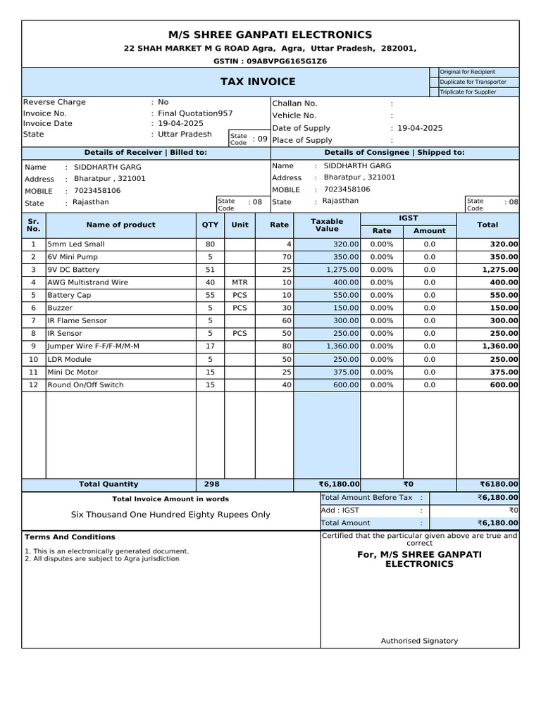 Invoice 957 SIDDHARTH GARG | PDF | Electricity | Electrical Engineering
