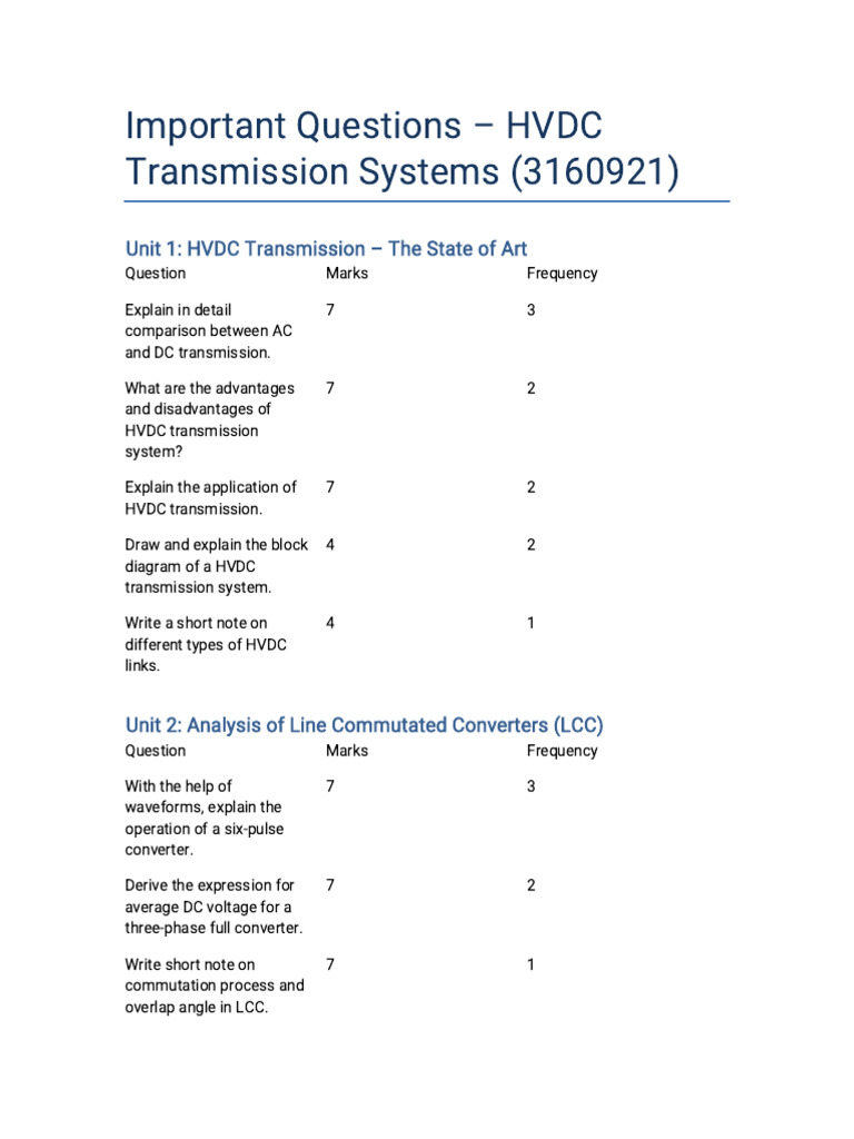 HVDC Important Questions | PDF | High Voltage Direct Current | Electric Power Transmission