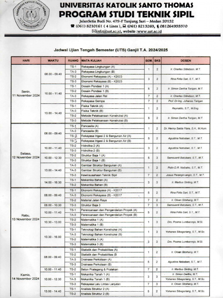 Jadwal UTS Ganjil Sipil T.A 24-25 | PDF