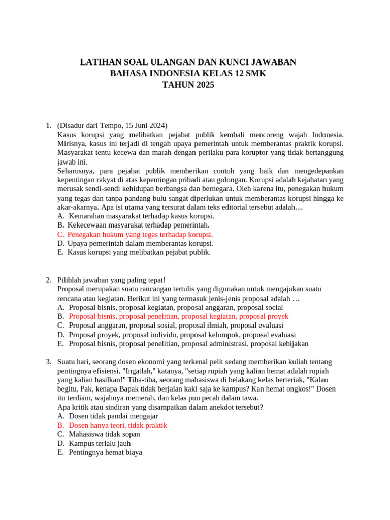 Soal Ulangan Bahasa Indonesia Kelas 12 | PDF
