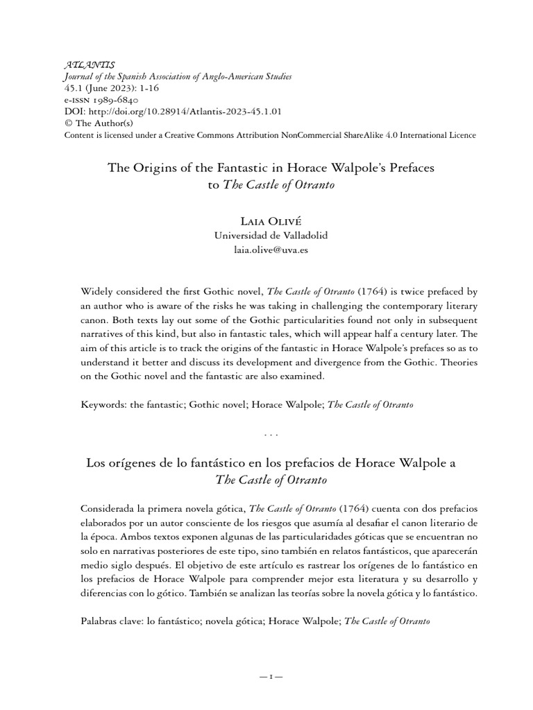 1.1. Los Orígenes de Lo Fantástico en Los Prefacios de Horace Walpole A "El Castillo de Otranto ...