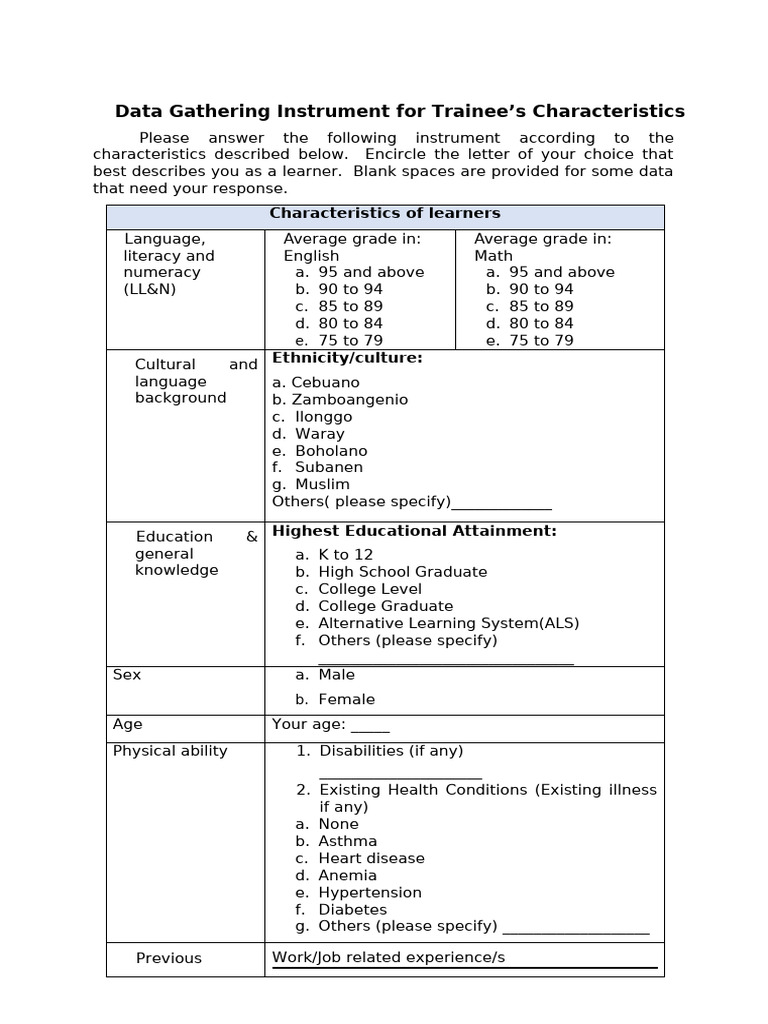 1PTS Data Gathering Instrument | PDF | Learning | Learning Styles