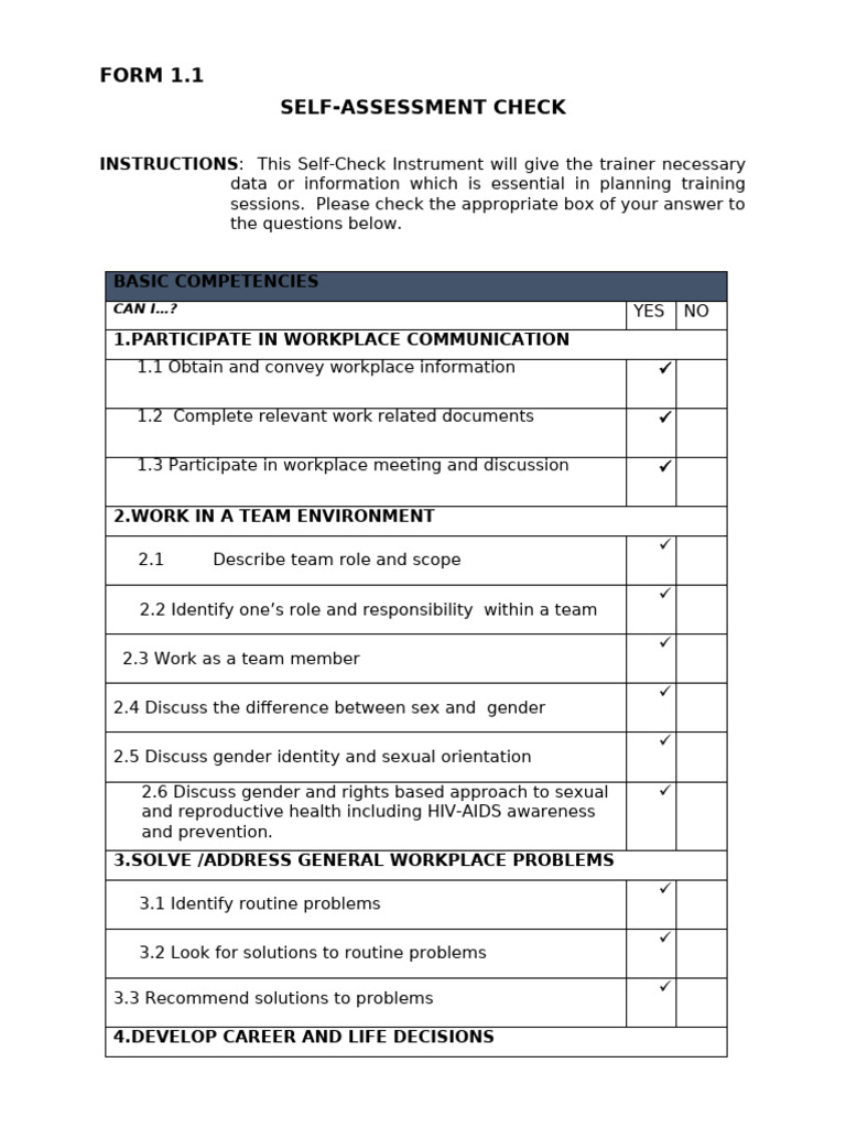 2PTS Self Assessment Checklist | PDF | Cakes