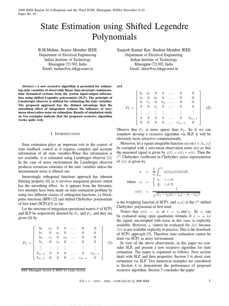 State Estimation Using Shifted Legendre Polynomials: B.M.Mohan, Senior Member IEEE Sanjeeb Kumar ...