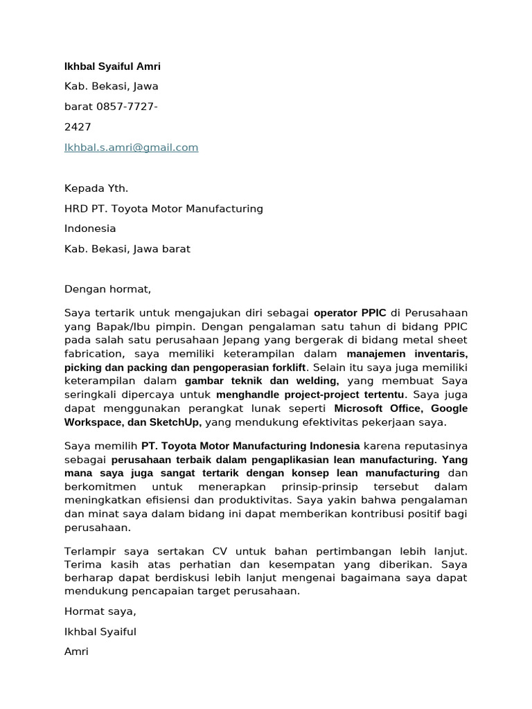 Lamaran Operator PPIC di Toyota | PDF