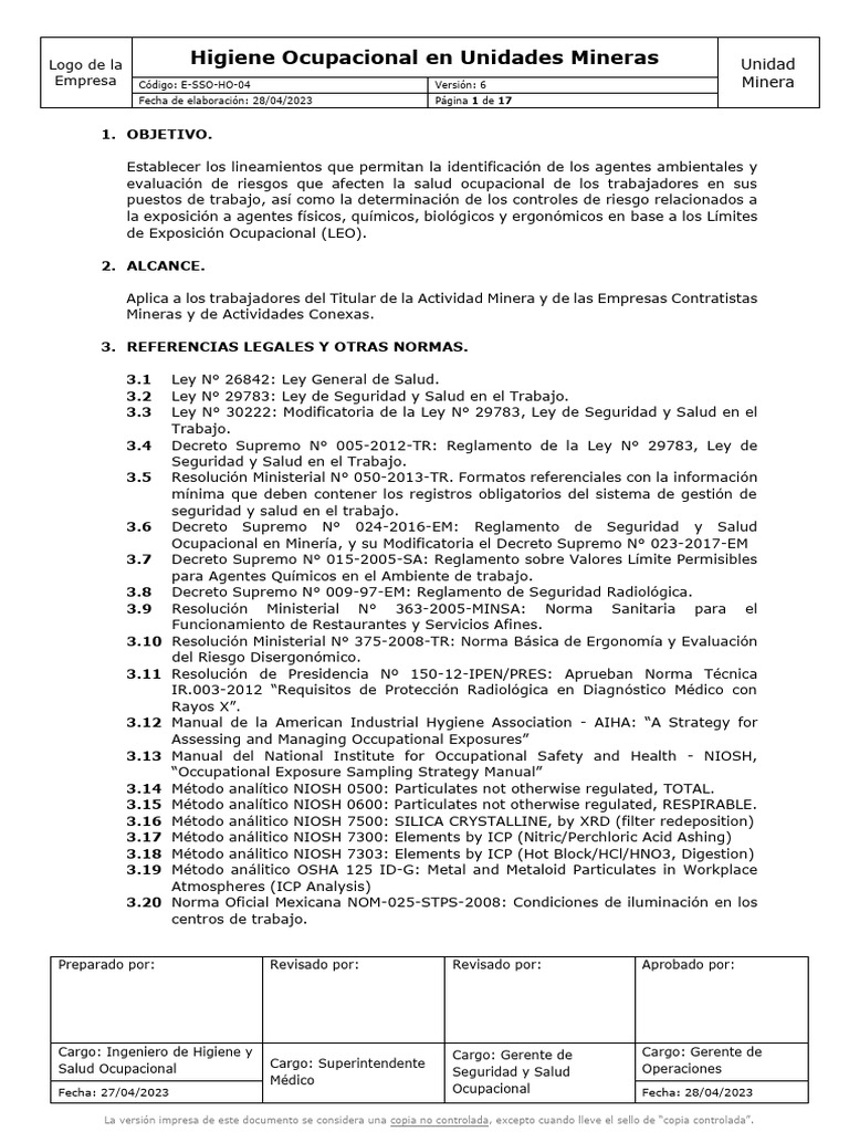 Higiene Ocupacional en Unidades Mineras: 1. Objetivo | PDF | Higiene Ocupacional | Seguridad y ...