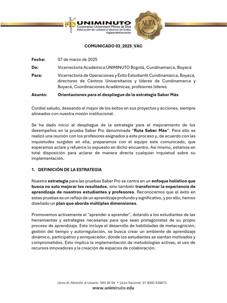 Comunicado Saber Pro - 03 - 2025 - FVAC | PDF | Aprendizaje | Maestros