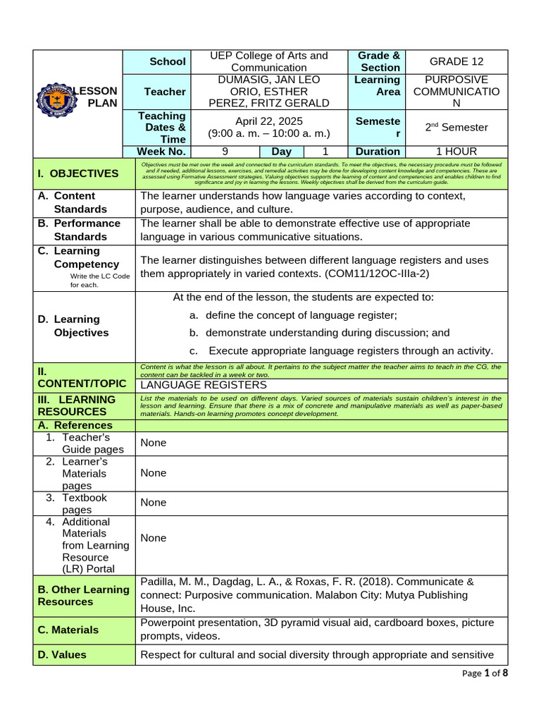 Group 5 Purposive Communication Lesson Plan | PDF | Learning | Mentorship