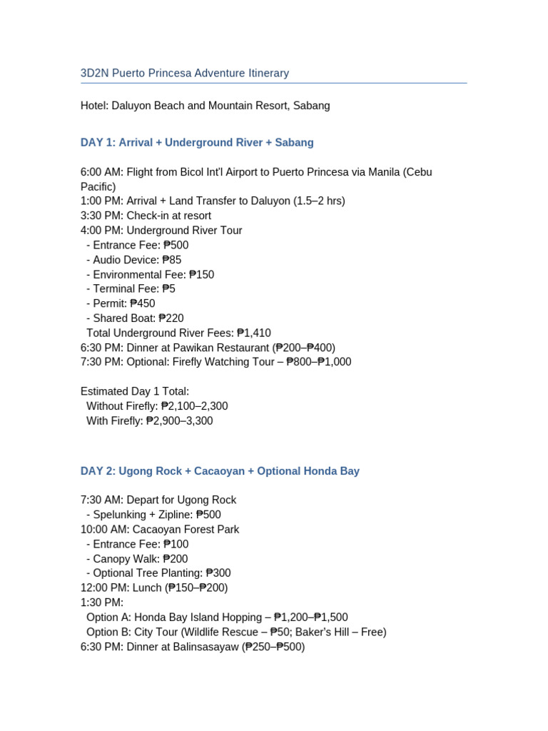 3D2N Puerto Princesa Itinerary | PDF | Meal | Cuisine