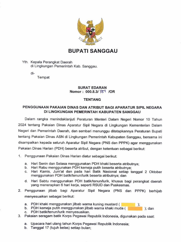 Se Pakaian Dinas Dan Atribut Asn Di Lingkungan Pemkab Sanggau 2025 | PDF