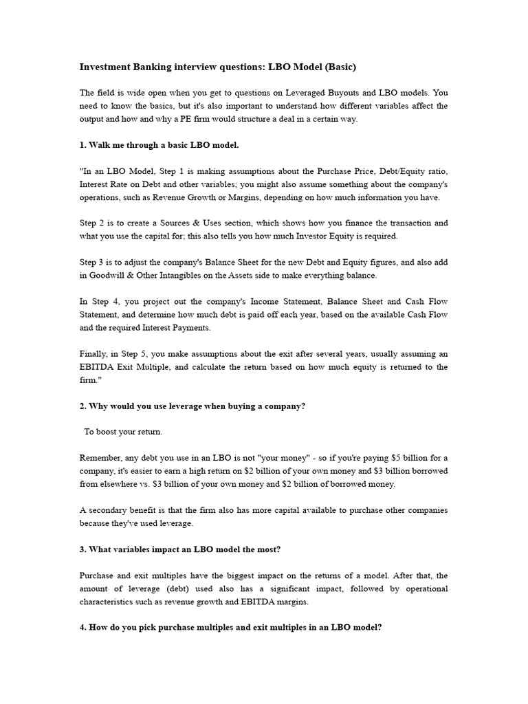 LBO Model Basics for Investment Banking Interviews | PDF | Leveraged ...