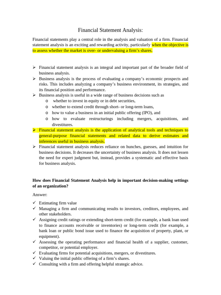 Financial Statement Analysis Overview | PDF | Mergers And Acquisitions ...