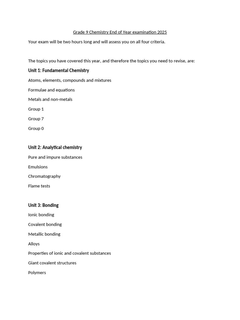 Grade 9 Chemistry End of Year Examination 2025 Topic List | PDF