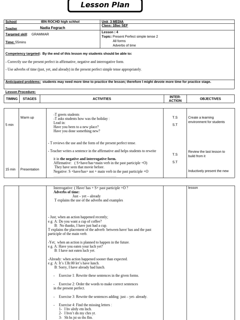 Lesson Plan Layout - 125712 | PDF | Verb | Grammatical Tense