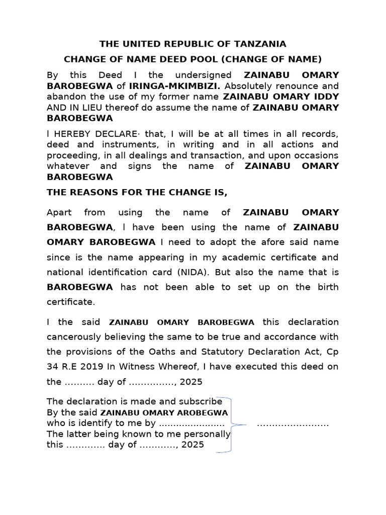 Name Change Deed for Zainabu Omary | PDF