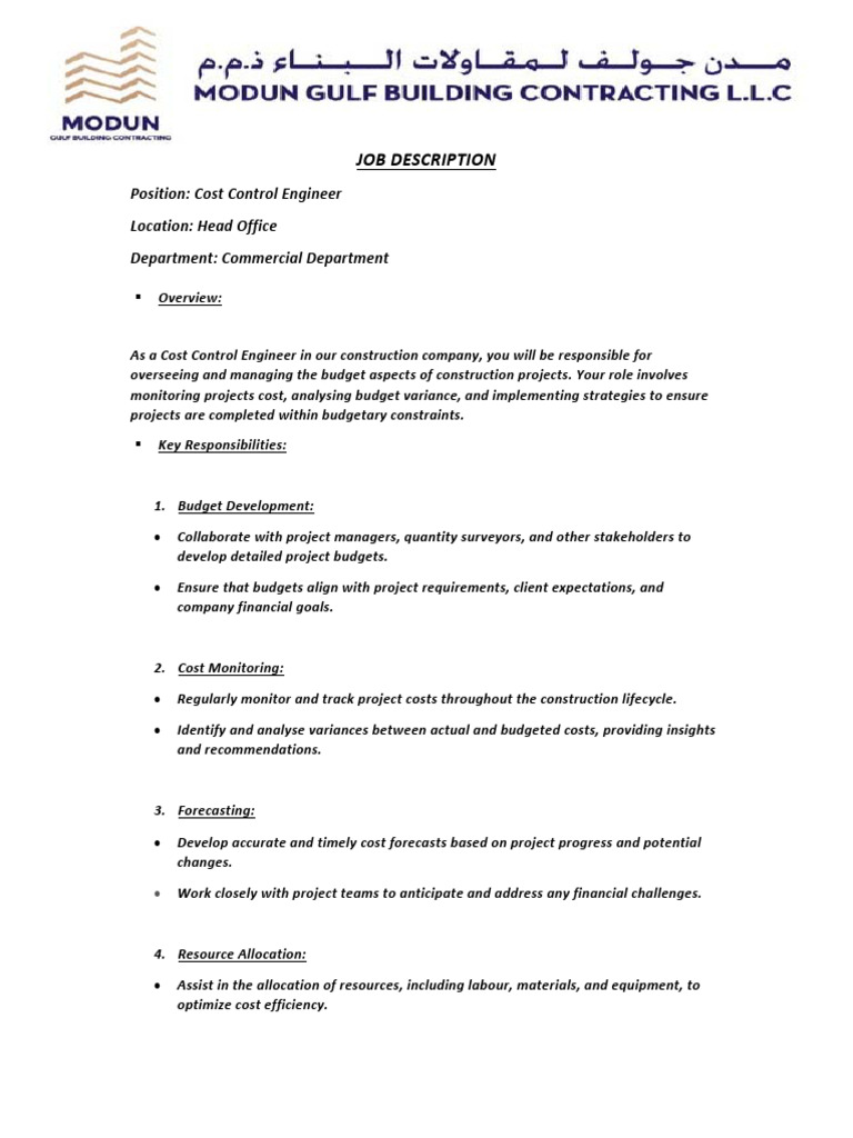 Cost Control Job Description | PDF | Cost Accounting | Budget