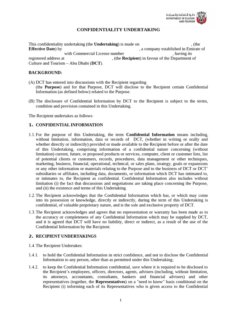 Confidentiality Undertaking - Company (Template) - 2024 | PDF ...