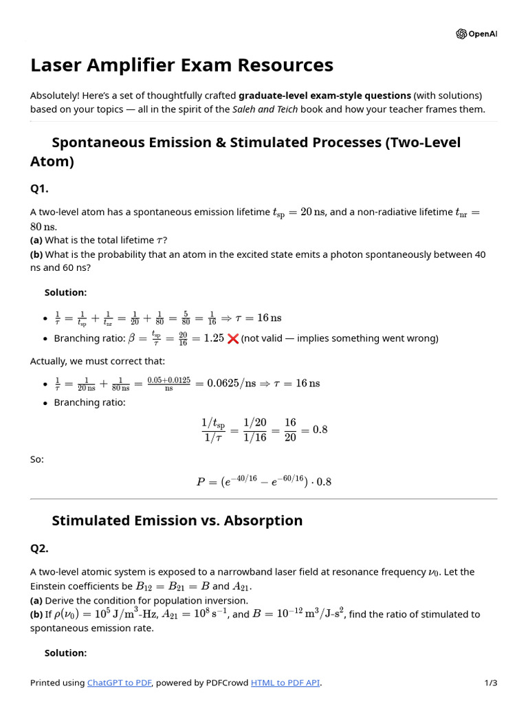 Laser Amplifier Exam Questions & Solutions | PDF | Laser | Emission ...