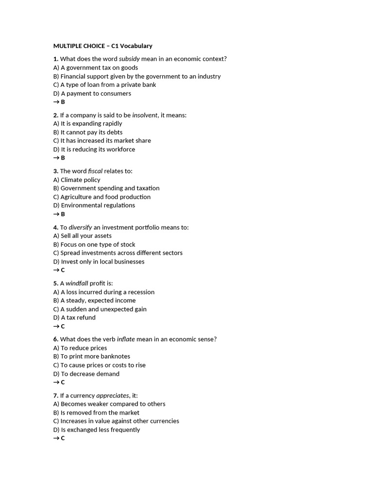 C1 Vocabulary: Economic Terms Quiz | PDF | Investing | Debt