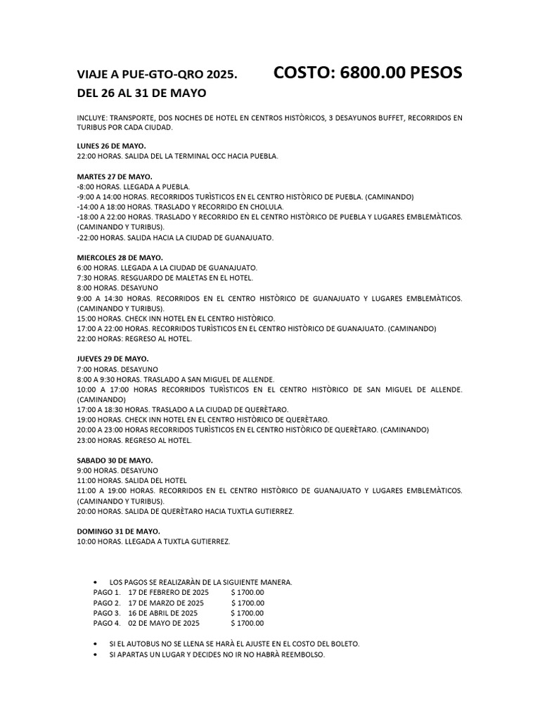 Itinerario Pue Gto Qro 2025 | PDF