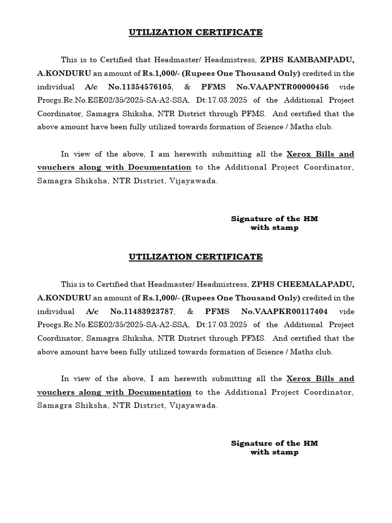 Utilization Certificate for Science Clubs | PDF