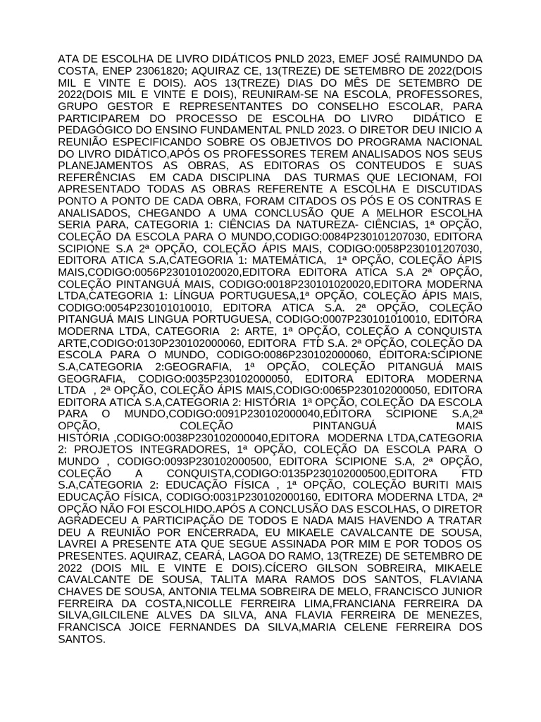 Ata de Escolha de Livro Didáticos PNLD 2023 | PDF