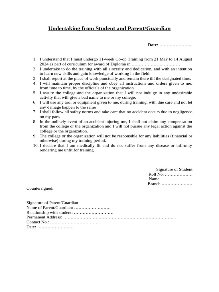 Undertaking From Student and Parent | PDF