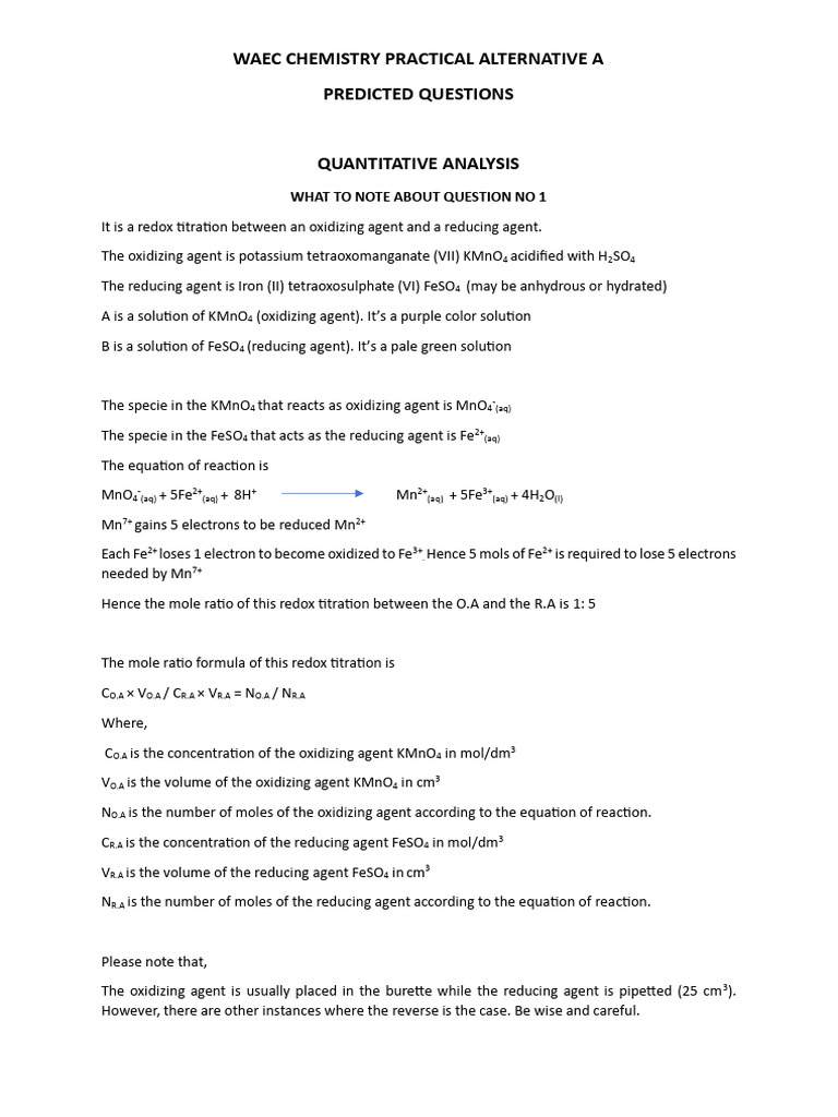 Waec Chemistry Practical Alternative A 2024 | PDF | Redox | Concentration