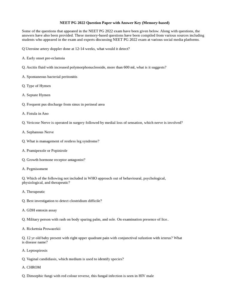 Neet PG 2022 Question Paper With Answer Keys 1895 | PDF
