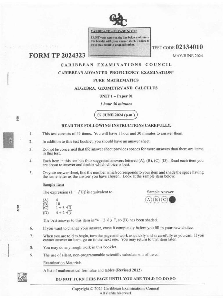 Pure Math Unit 1 2024 - Paper 01 | PDF