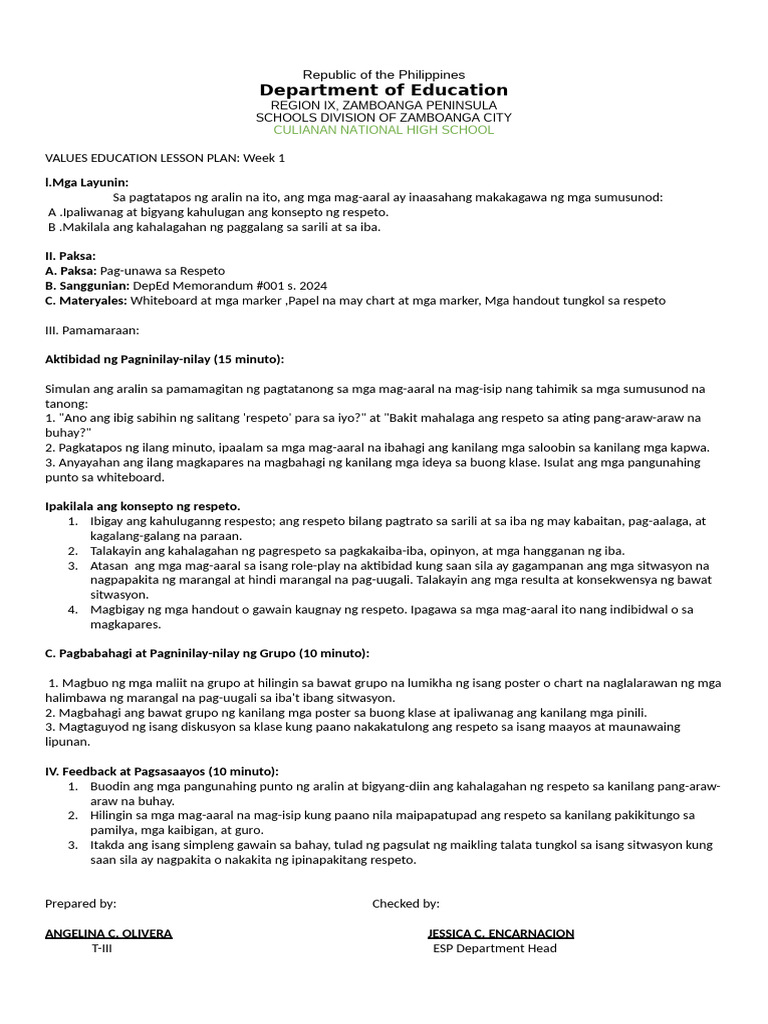 Values Sample Activity For Catch Up Friday Olivera | PDF