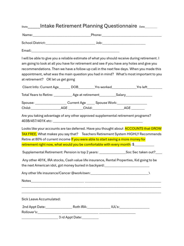UTF-8Intake Retirement Planning Questionnaire | PDF