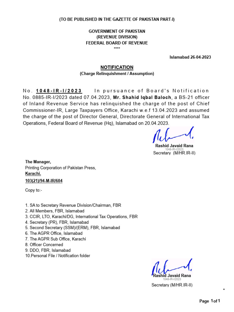 1 0 4 8 - I R - I / 2 0 2 3 Mr. Shahid Iqbal Baloch: Notification | PDF