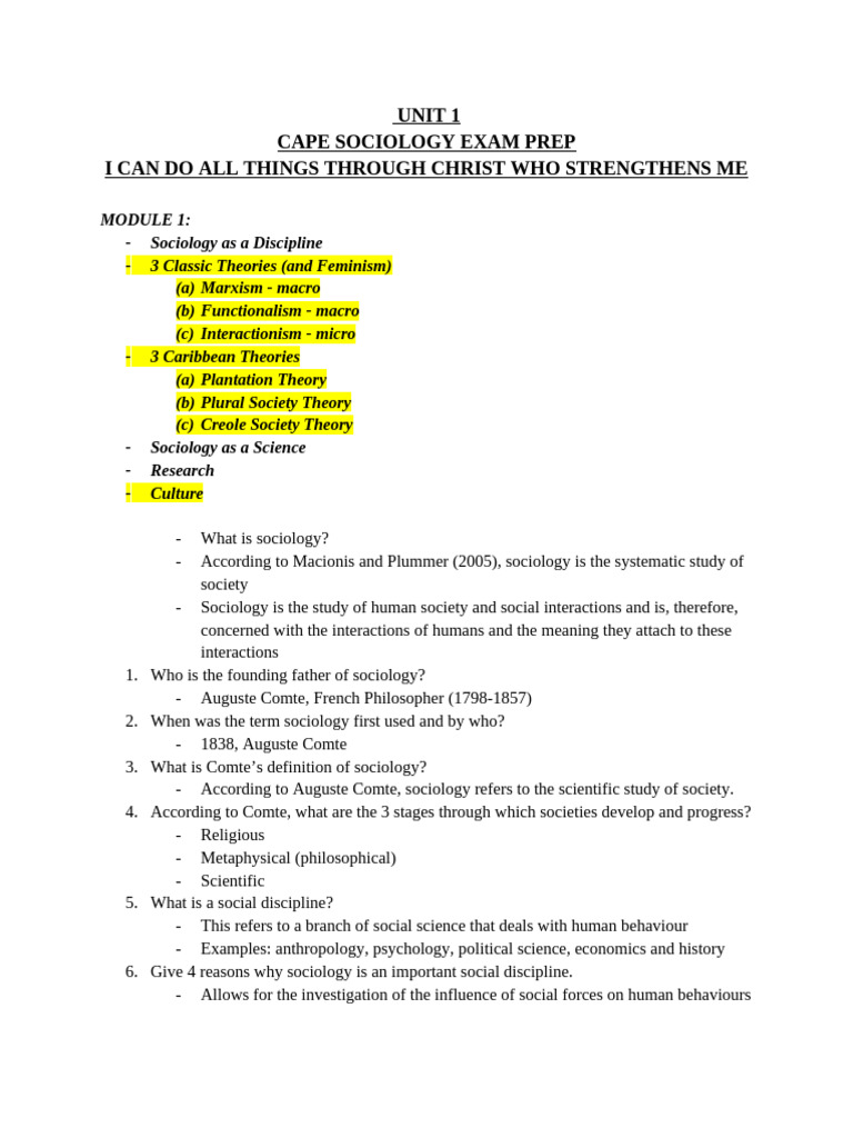 CAPE Sociology UNIT 1 - Exam Prep | PDF | Sociology | Marxism