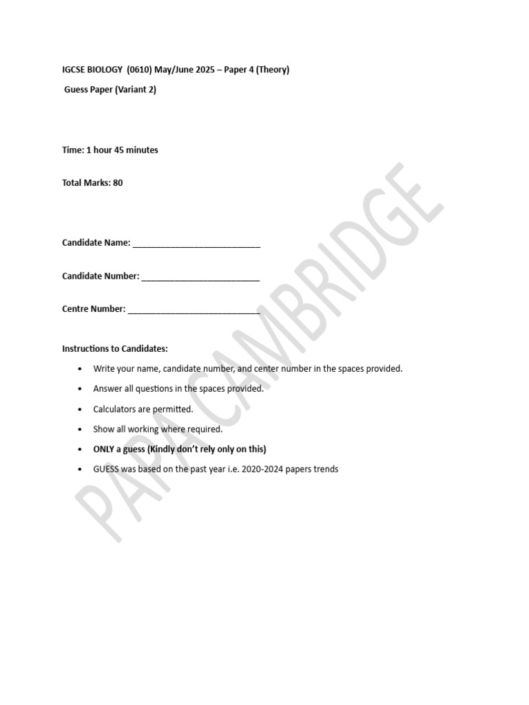 Igcse Biology Paper 4 Guess Paper QP | PDF | Biology