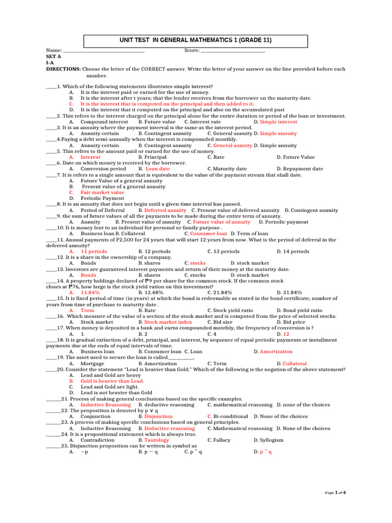 General Mathematics Unit Test for Grade 11 | PDF | Interest | Present Value