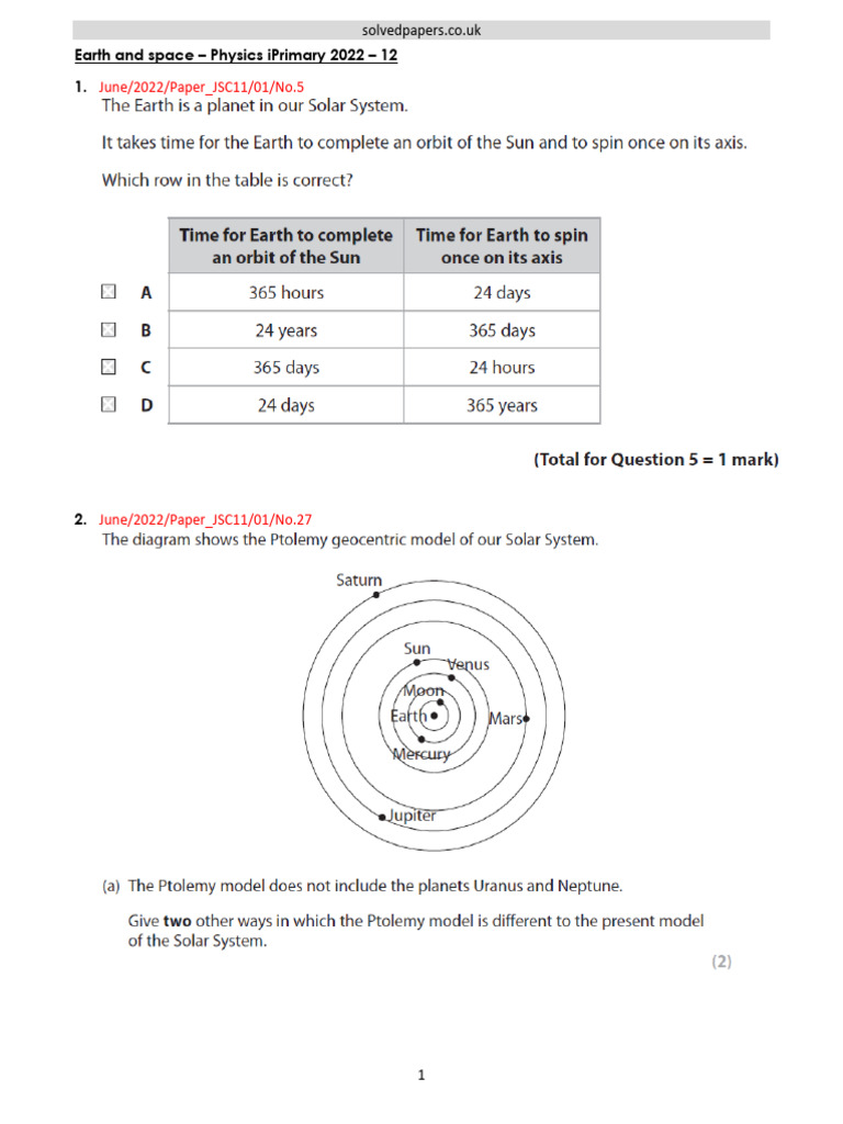 2022 12 Earth and Space Edexcel Physics Iprimary | PDF
