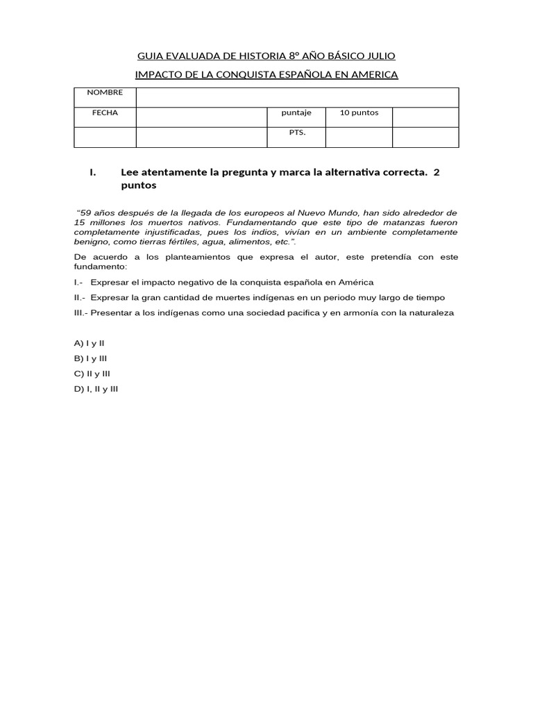 Evaluación de Historia Octavo Año Julio | PDF