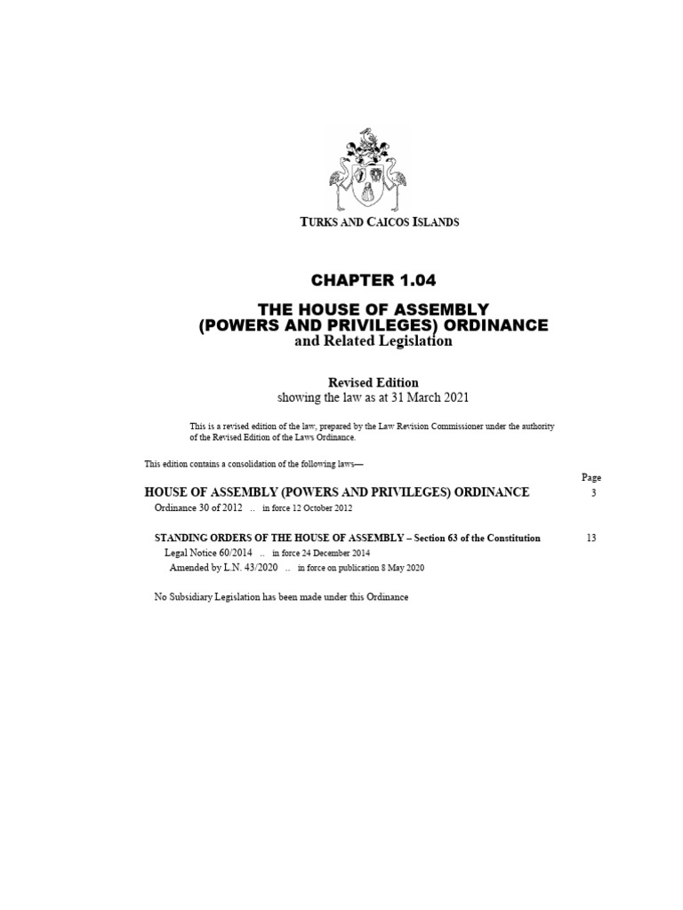 House of Assembly Ordinance Overview | PDF | Perjury | Speaker (Politics)