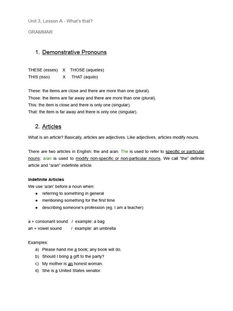 Unit 3, Lesson A (Demonstrative, Articles and Plural Nouns) - 2 | PDF ...