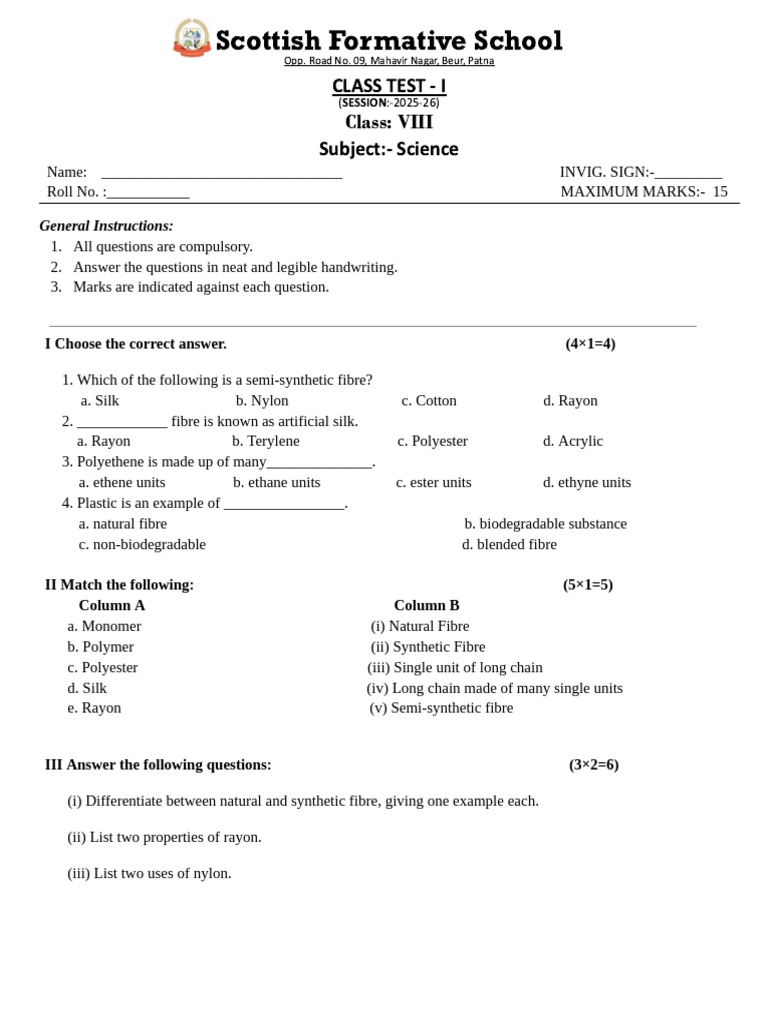 Class VIII Science Class Test I (25-26) (15 Marks) | PDF