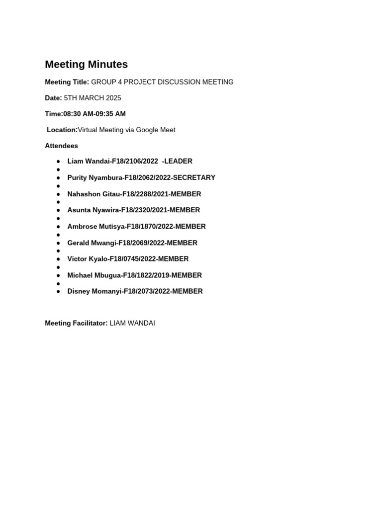 Minutes For Meeting Held On 5th of March 2025 From 0830H To 0935H | PDF