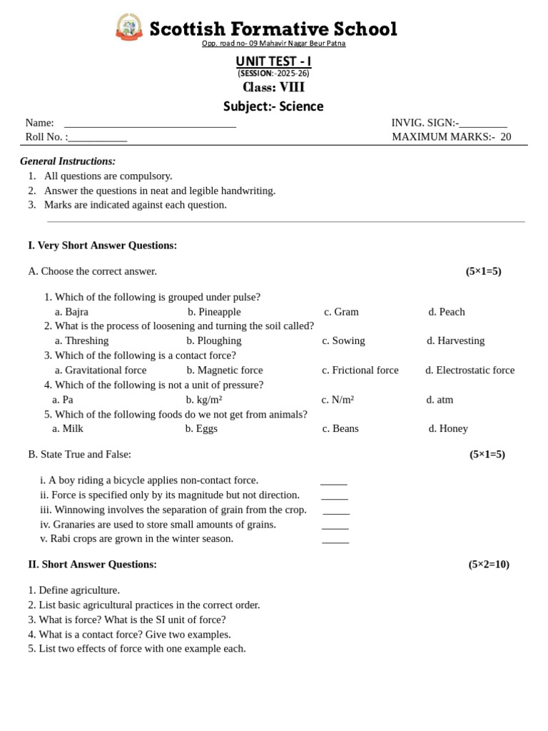Class VIII Science Unit Test I (25-26) | PDF