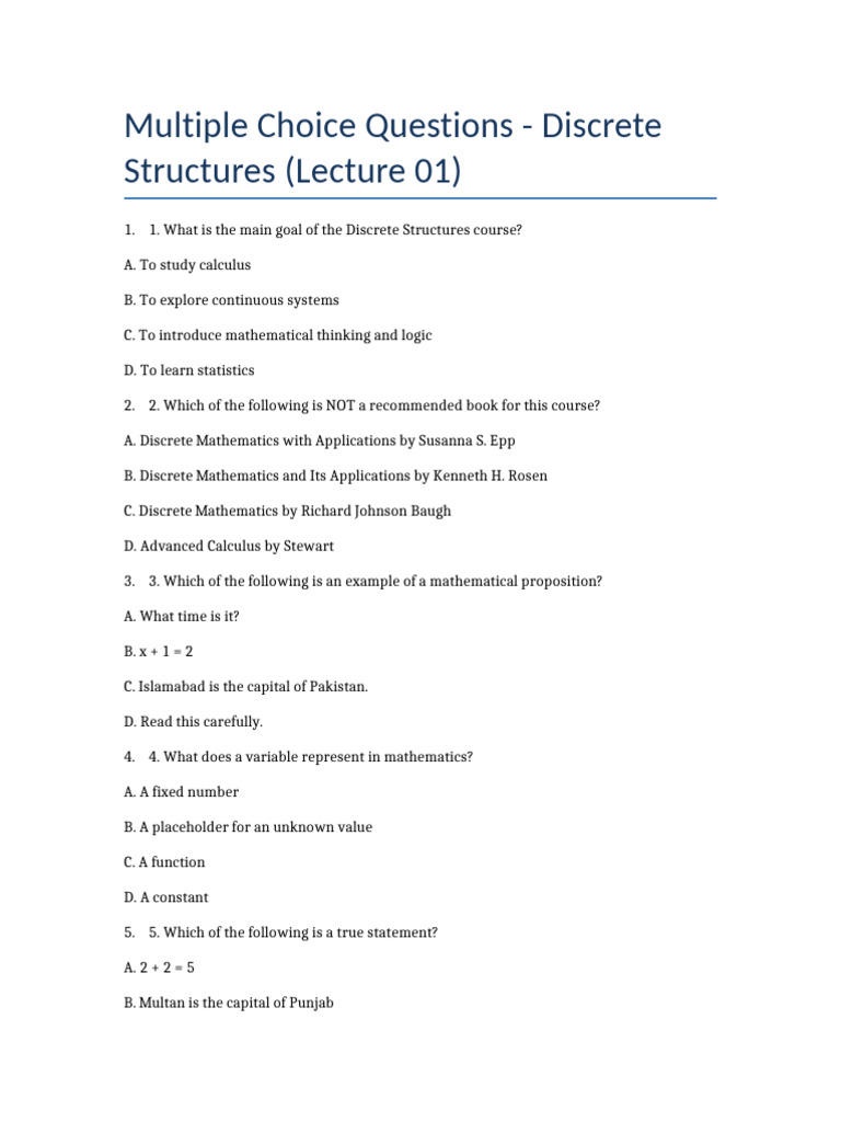 Discrete Structures MCQs | PDF | Discrete Mathematics | Mathematics