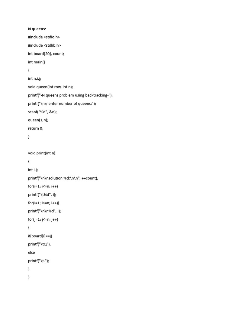 N Queens Problem in C with Backtracking | PDF