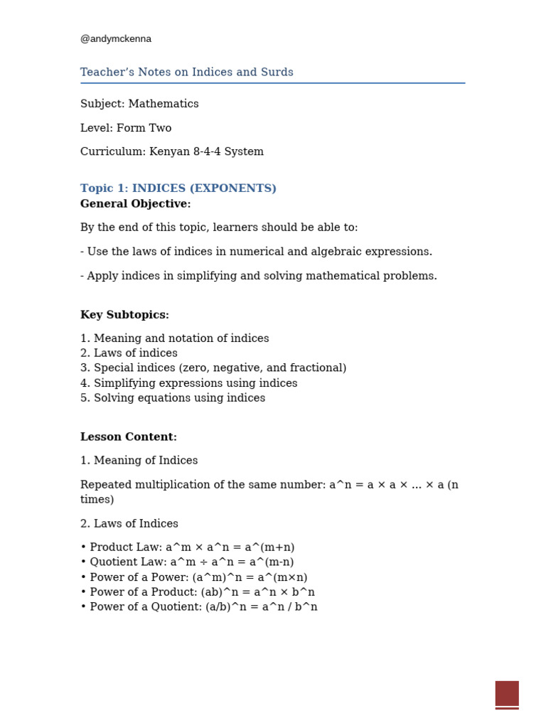 Indices and Surds: Teacher's Notes | PDF | Multiplication | Exponentiation