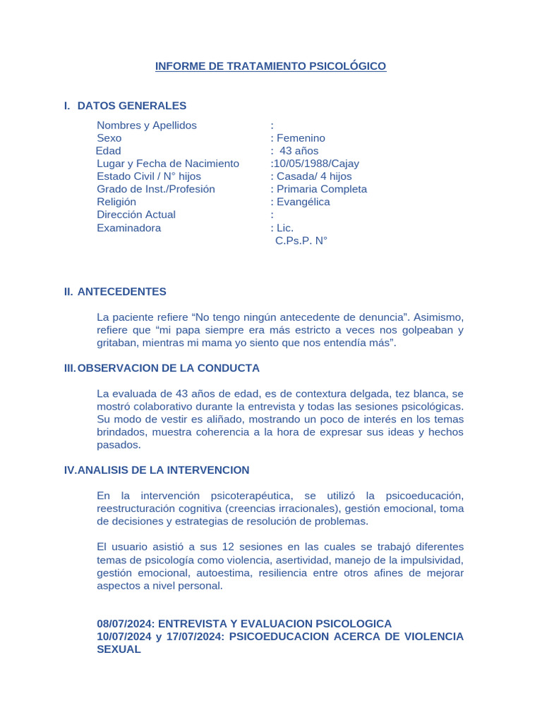 INFORME PSICOLÓGICO - EJEMPLO | PDF | Las emociones | Sicología