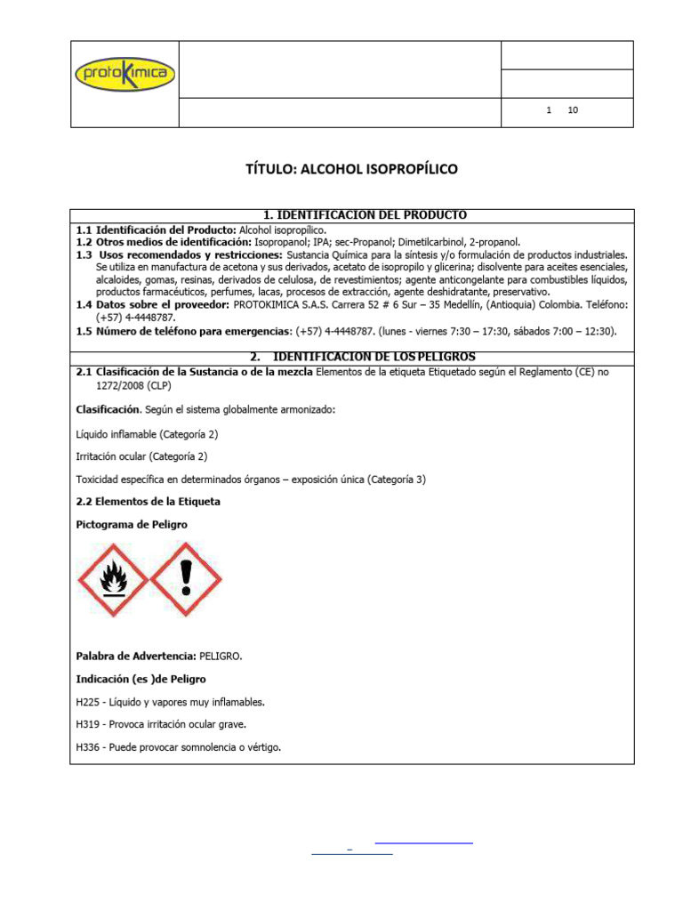 Alcohol Isopropílico: Hoja de Seguridad | PDF | Agua | Combustión