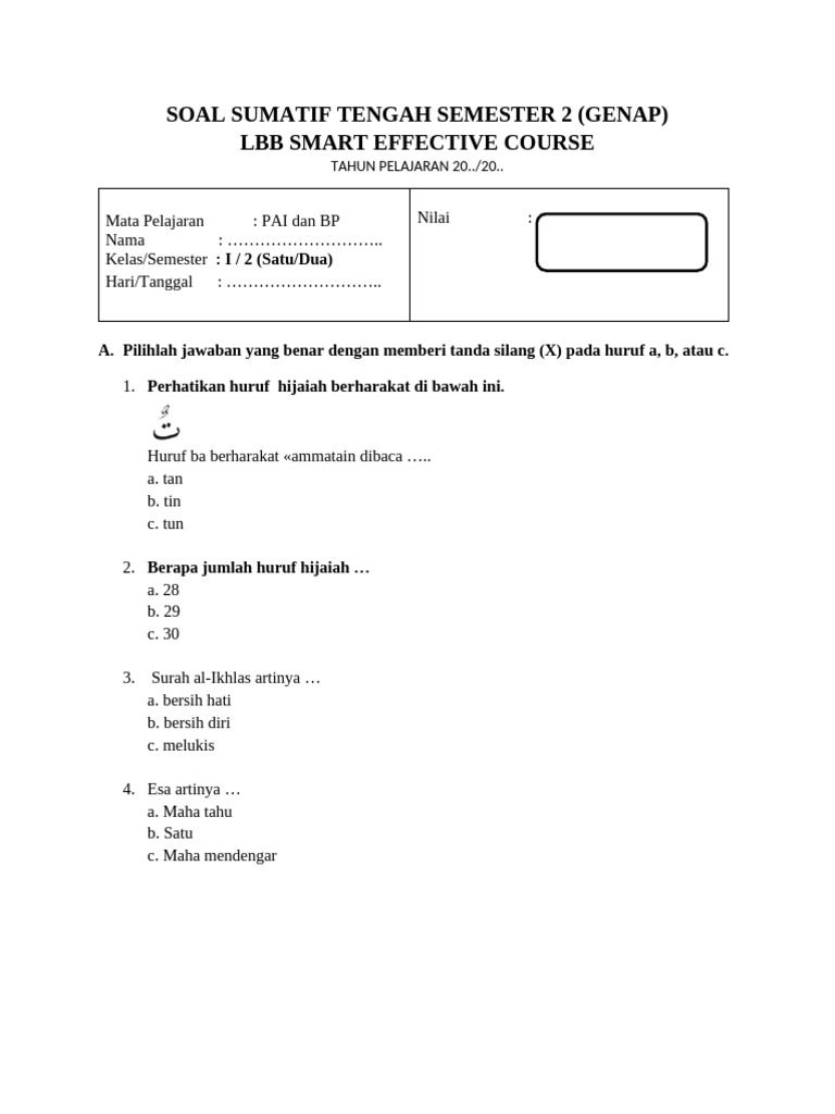 SOAL PTS GENAP PAI KELAS 1 | PDF