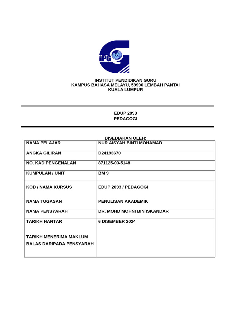 Edup 2093 Pedagogi (Penulisan Akademik) | PDF